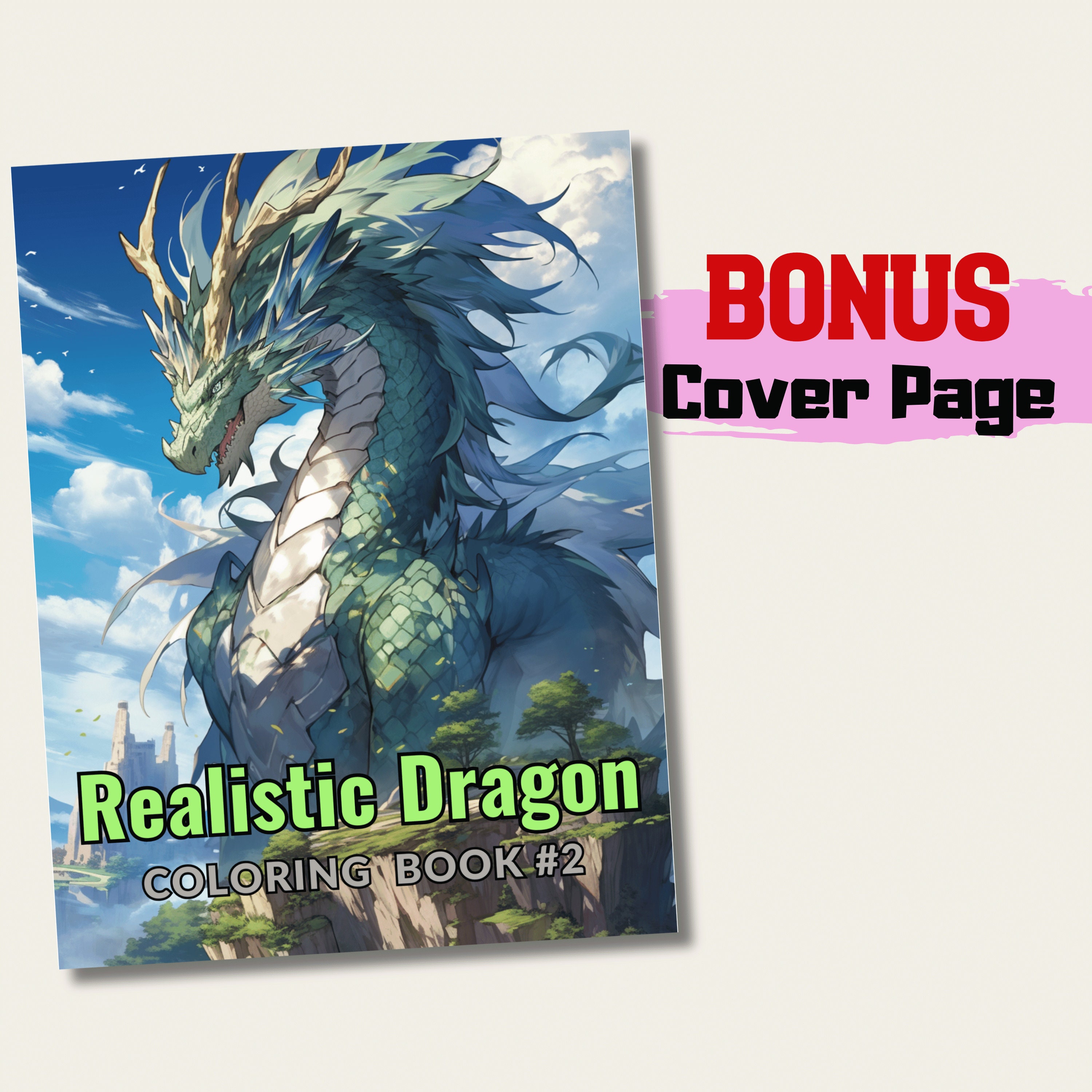 20 Pages Realistic Dragon Grayscale Coloring Book, Destress, Detailed ...