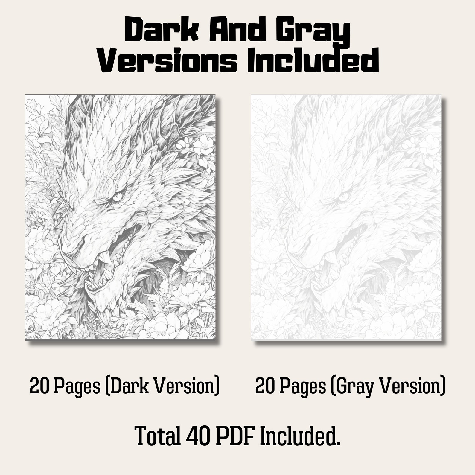 20 Pages Realistic Dragon Grayscale Coloring Book, Destress, Detailed ...