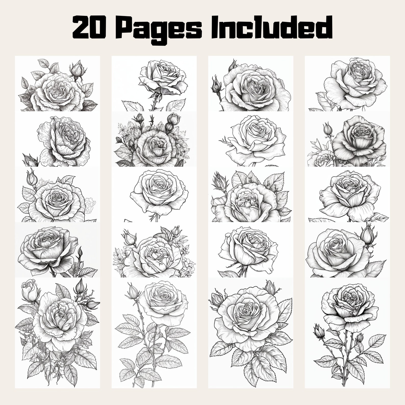 20 Rose Collection Coloring Page, Adults Kids Instant Download ...