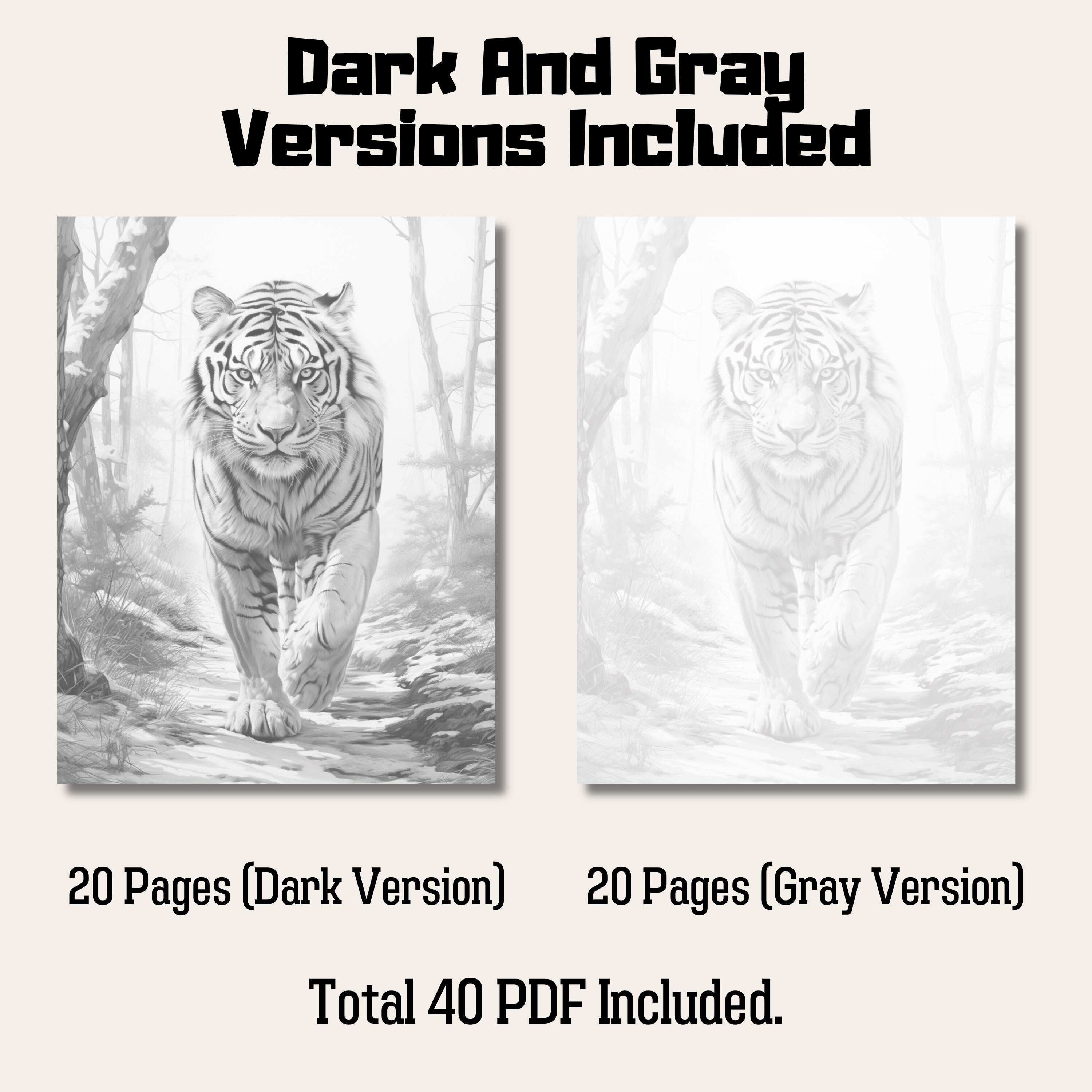 20 Realistic Tiger Grayscale Coloring Book, Perfect for Relaxation and ...
