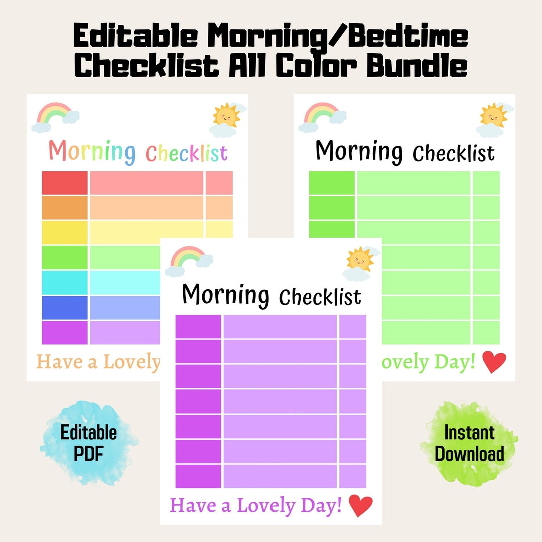Editable Morning and Bedtime Checklist All Color Bundle - Etsy