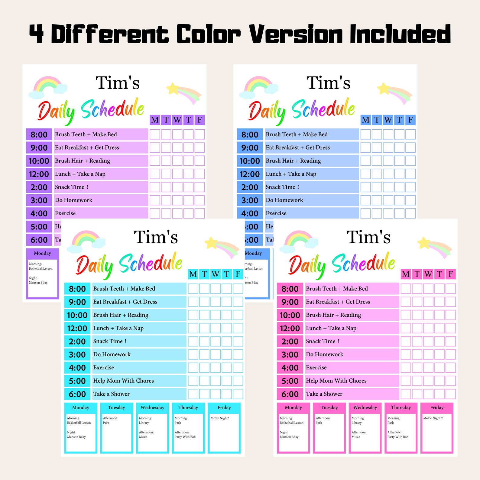 Kids Daily Schedule Cool Color Tone Chores Checklist Daily School ...