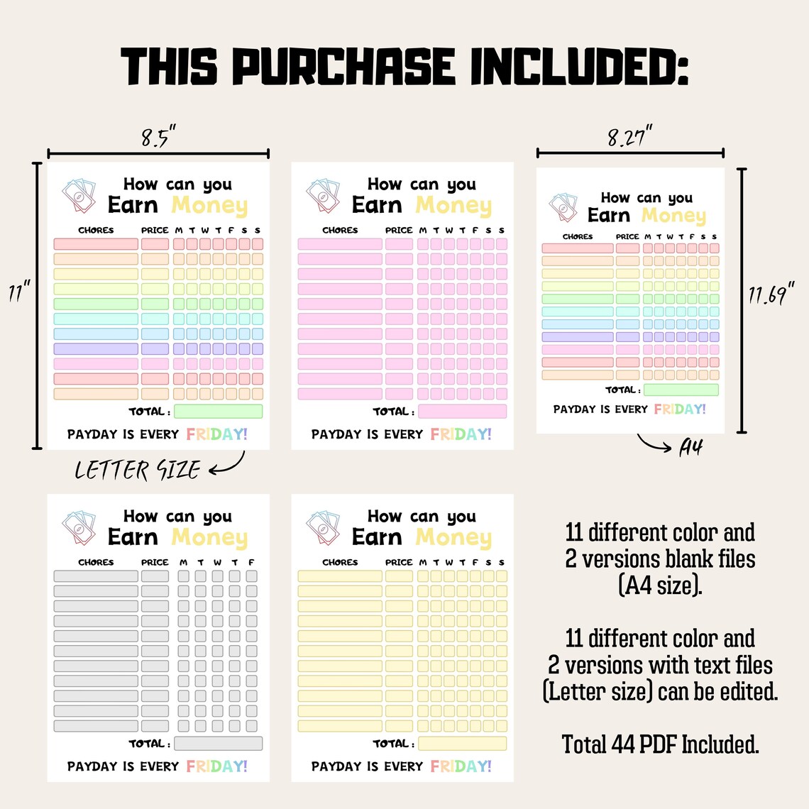 Editable Kids Chore Chart All Color Bundle Earn Money System - Etsy