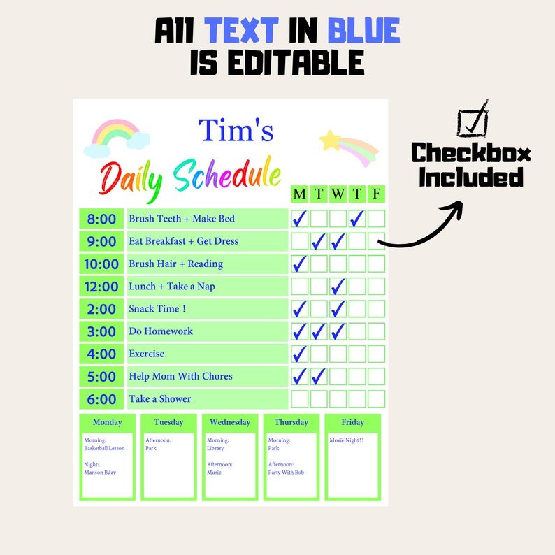 Editable Kids Daily Schedule Warm Color Tone Kids Responsibility ...