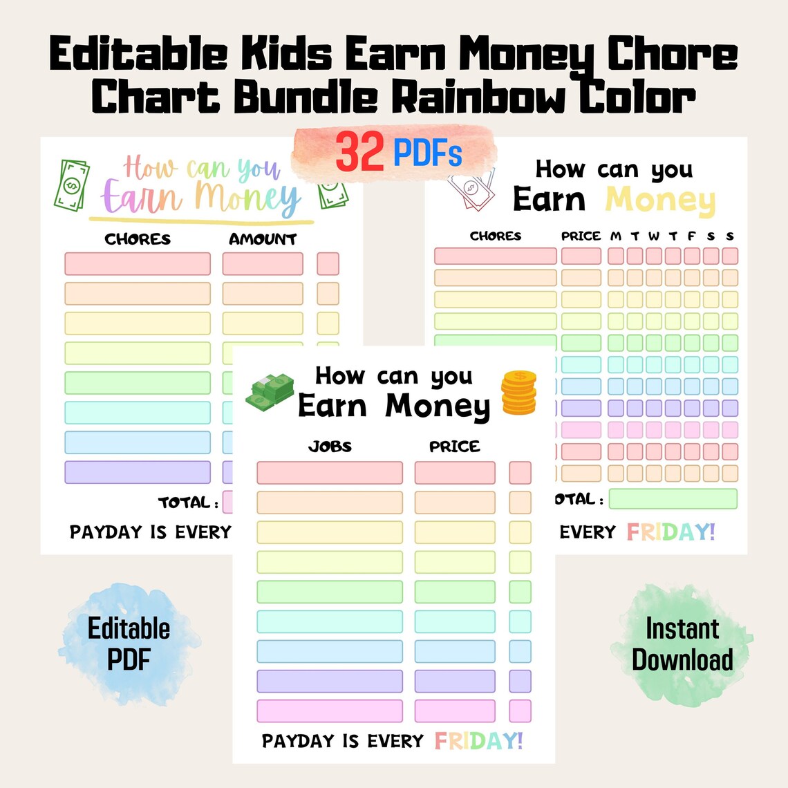Editable Kids Earn Money Chore Chart Bundle Rainbow Color, Printable ...