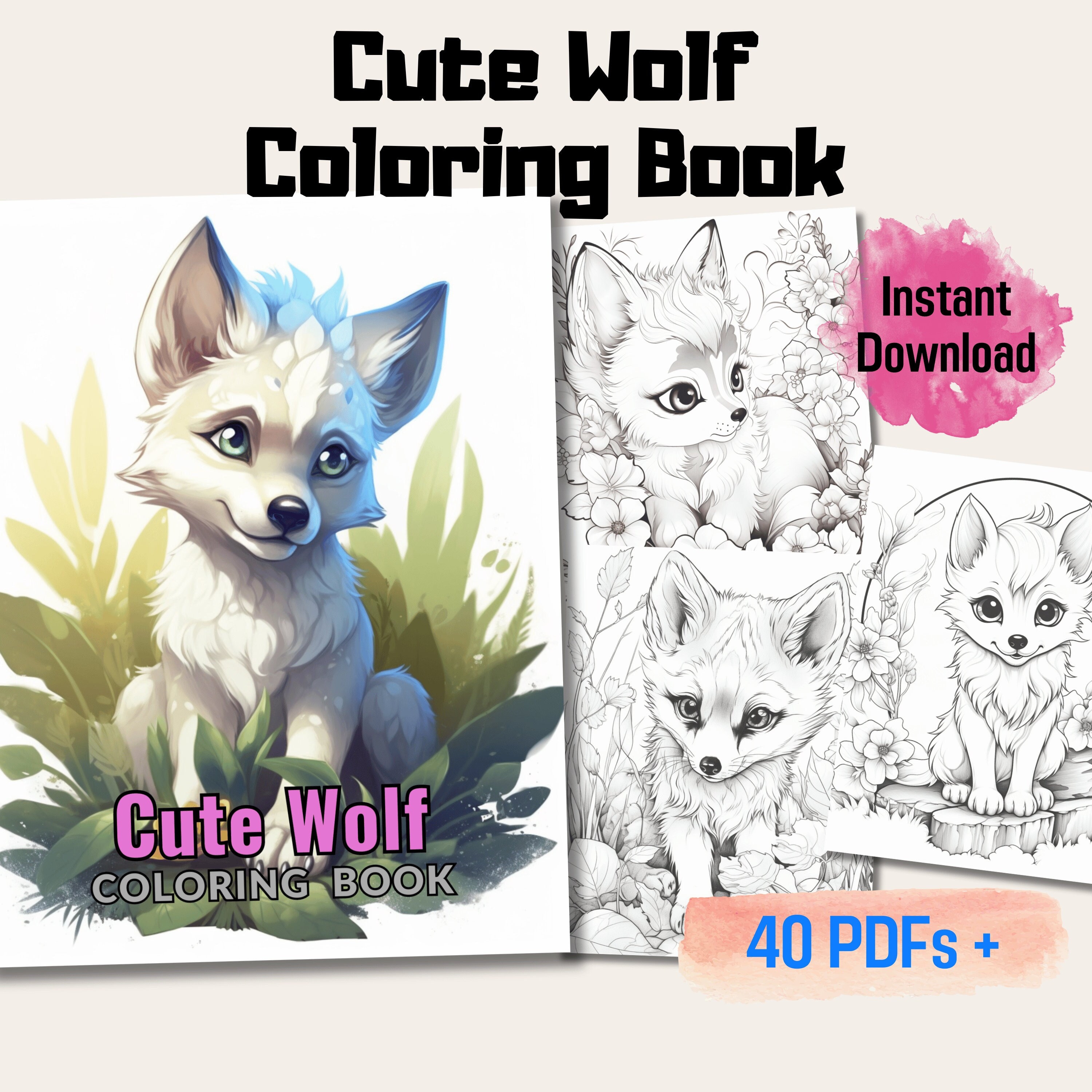 20 Cute Baby Wolf Grayscale Coloring Page Book, Adorable Wolf Pups for ...