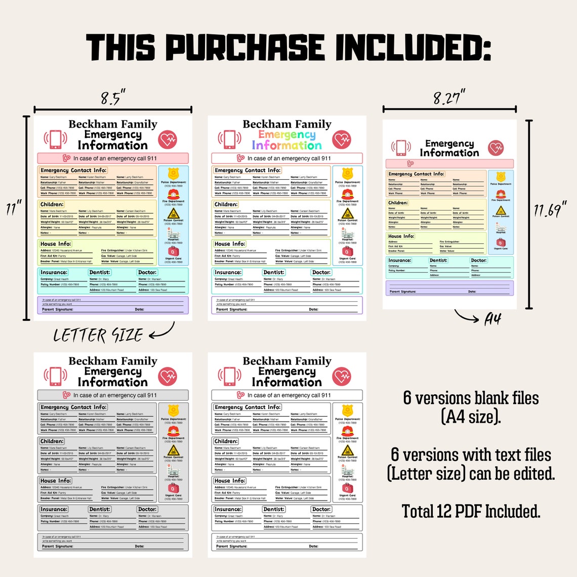 Printable Emergency Information Sheet Rainbow Color in Case of ...