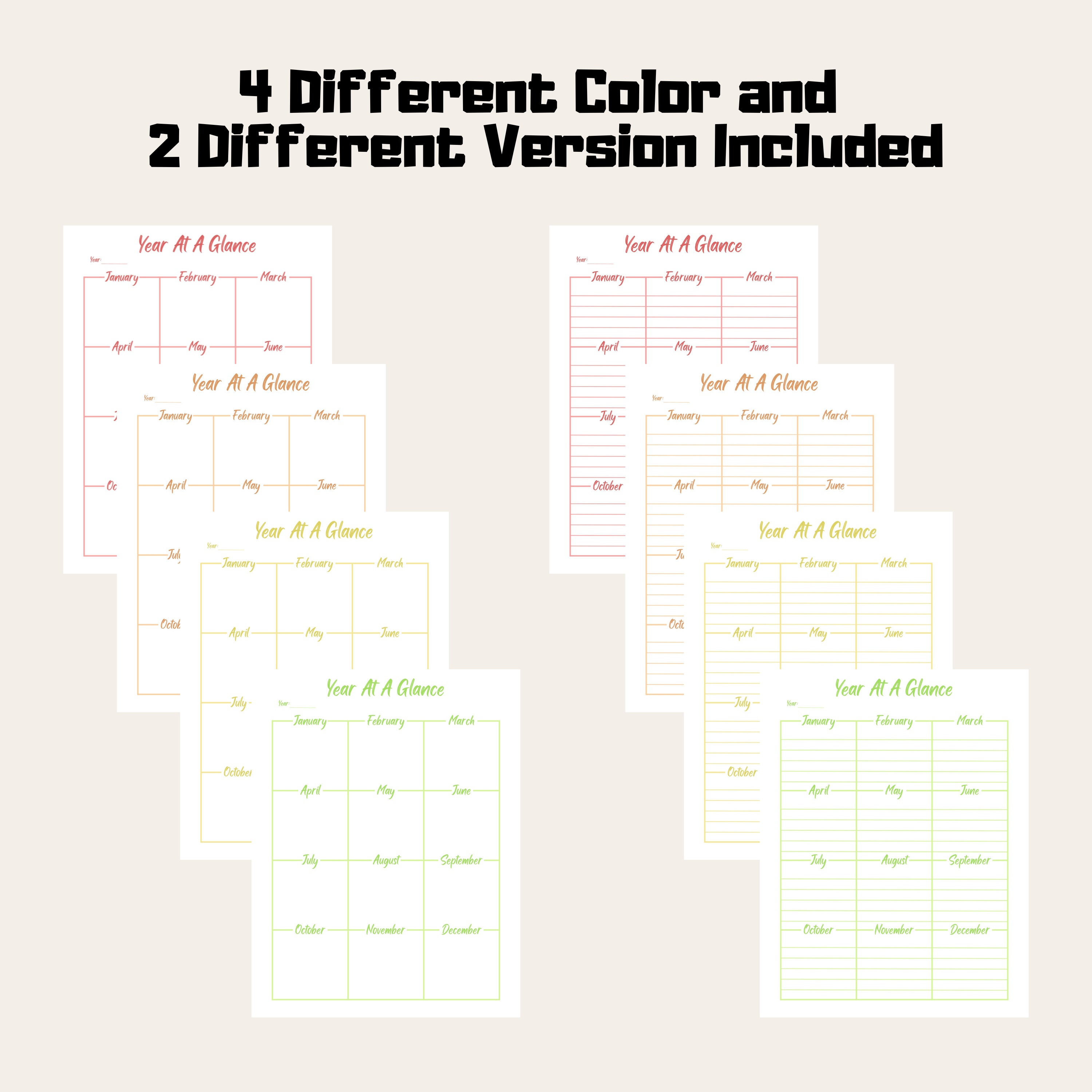 Editable Year at a Glance Planner Warm Color Tone, Yearly Overview ...