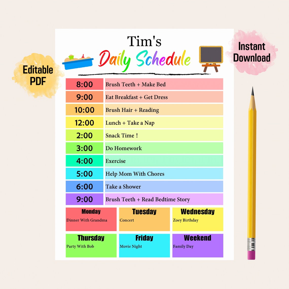 Kids Fillable Daily Schedule Rainbow Color Printable Kids - Etsy