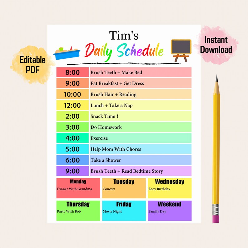 Kids Fillable Daily Schedule Rainbow Color Printable Kids - Etsy