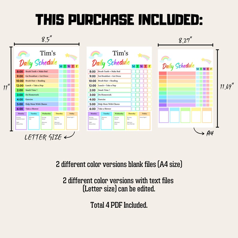 Kids Daily Schedule Rainbow Color Organize Child's Daily Routine Chore ...