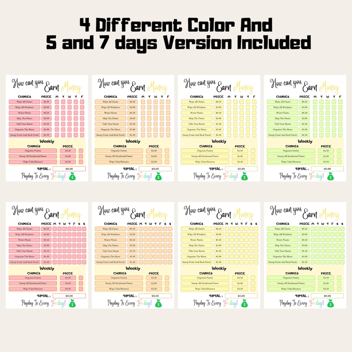 Editable Chore Chart for Kids Warm Color Tone, Editable Allowance ...