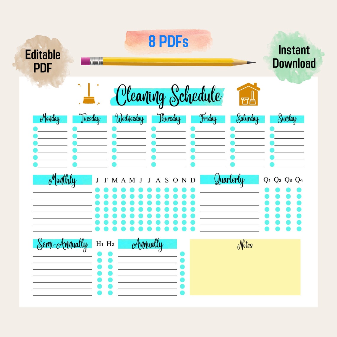 Editable Cleaning Planner Cool Color Tone, Weekly, Monthly, Yearly ...