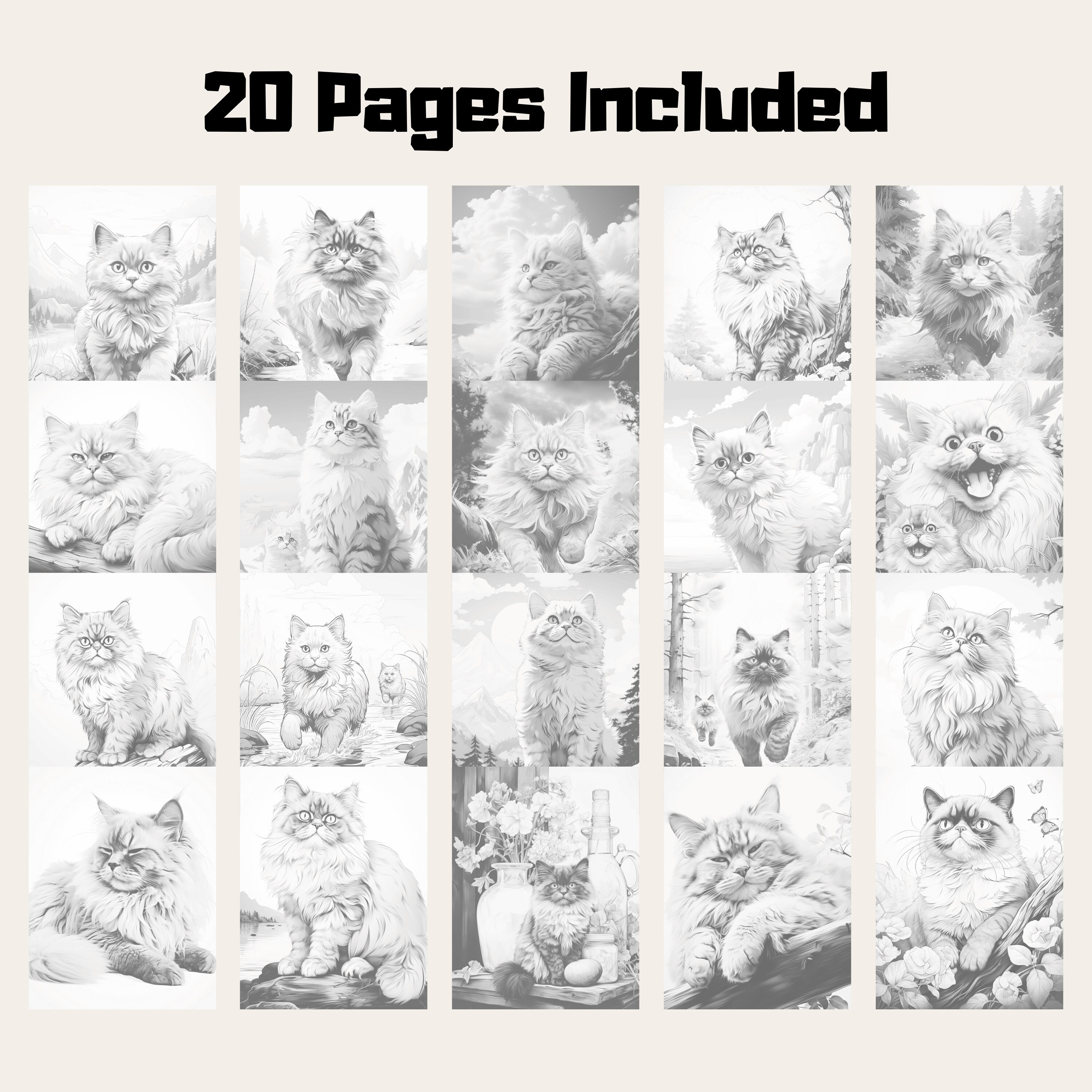 Realistic Himalayan Cat Coloring Book, 20 Himalayan Cat Grayscale ...