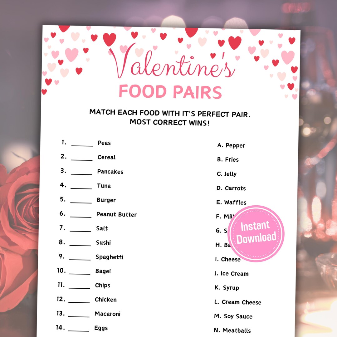 Valentine's Day Food Pairs Game Valentines Day Perfect Food Pairs Match ...