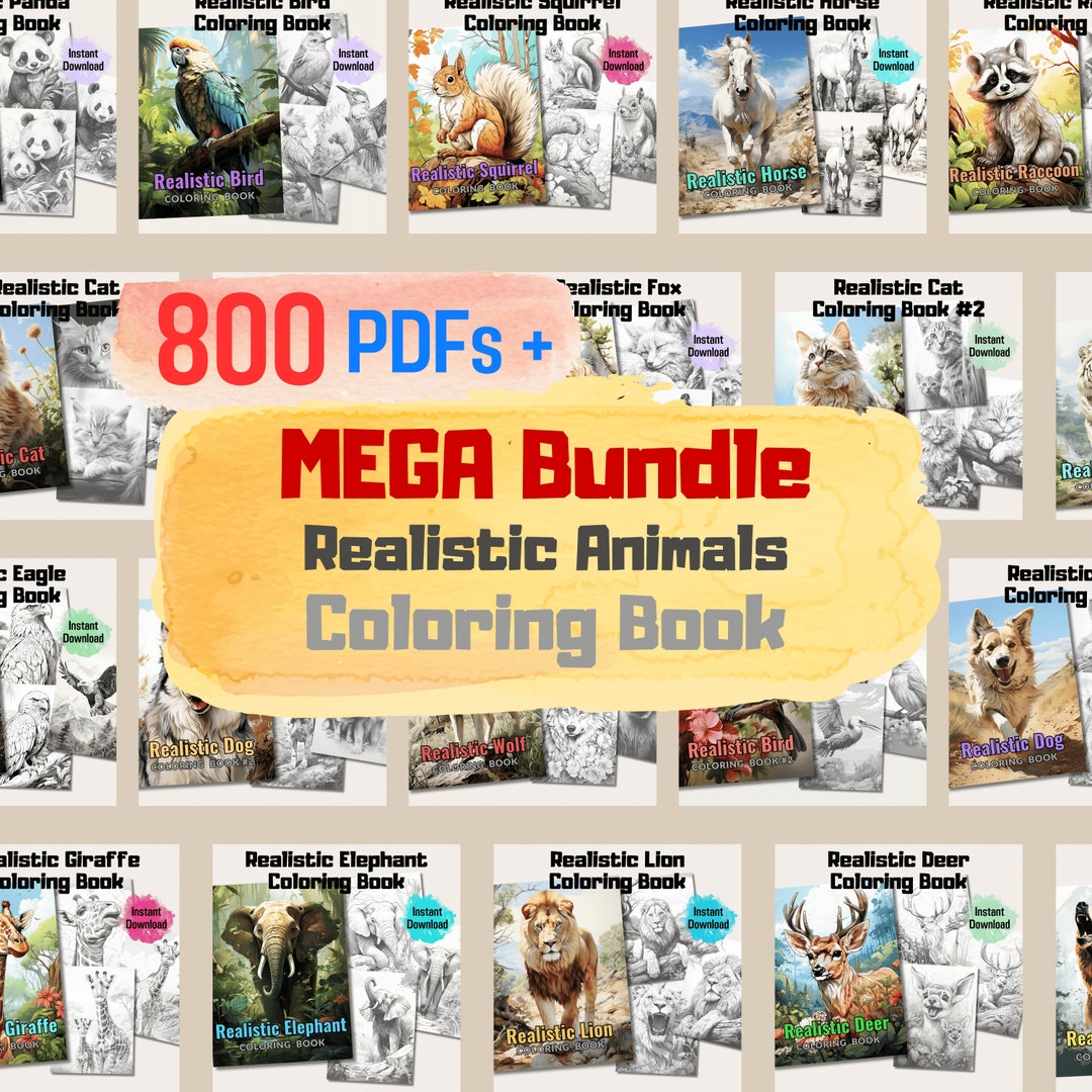800-pages Realistic Animals Coloring Book Mega Bundle + 20 Cover Pages ...