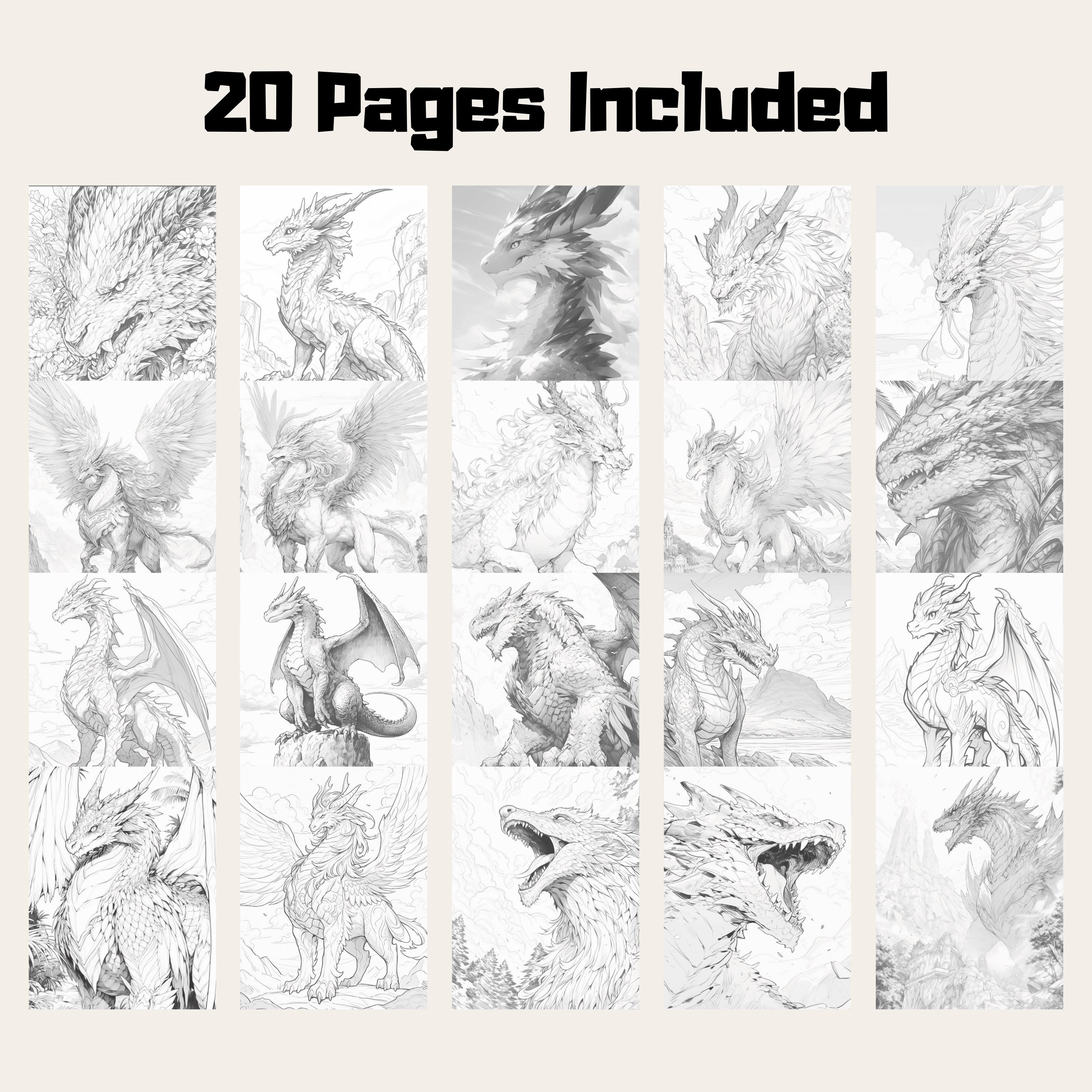 20 Pages Realistic Dragon Grayscale Coloring Book, Destress, Detailed ...