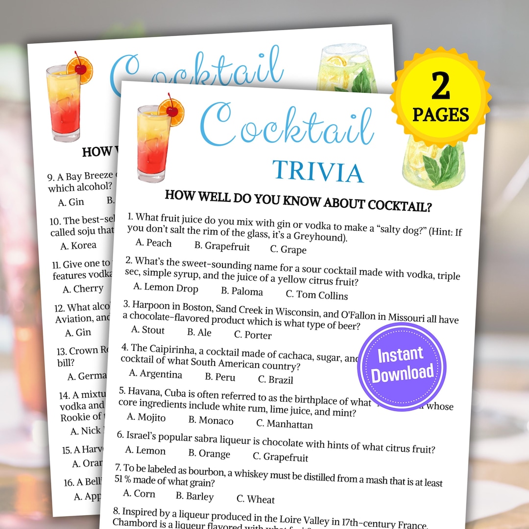 Cocktail Trivia Game | Cocktail Knowledge Quiz Game | Printable ...