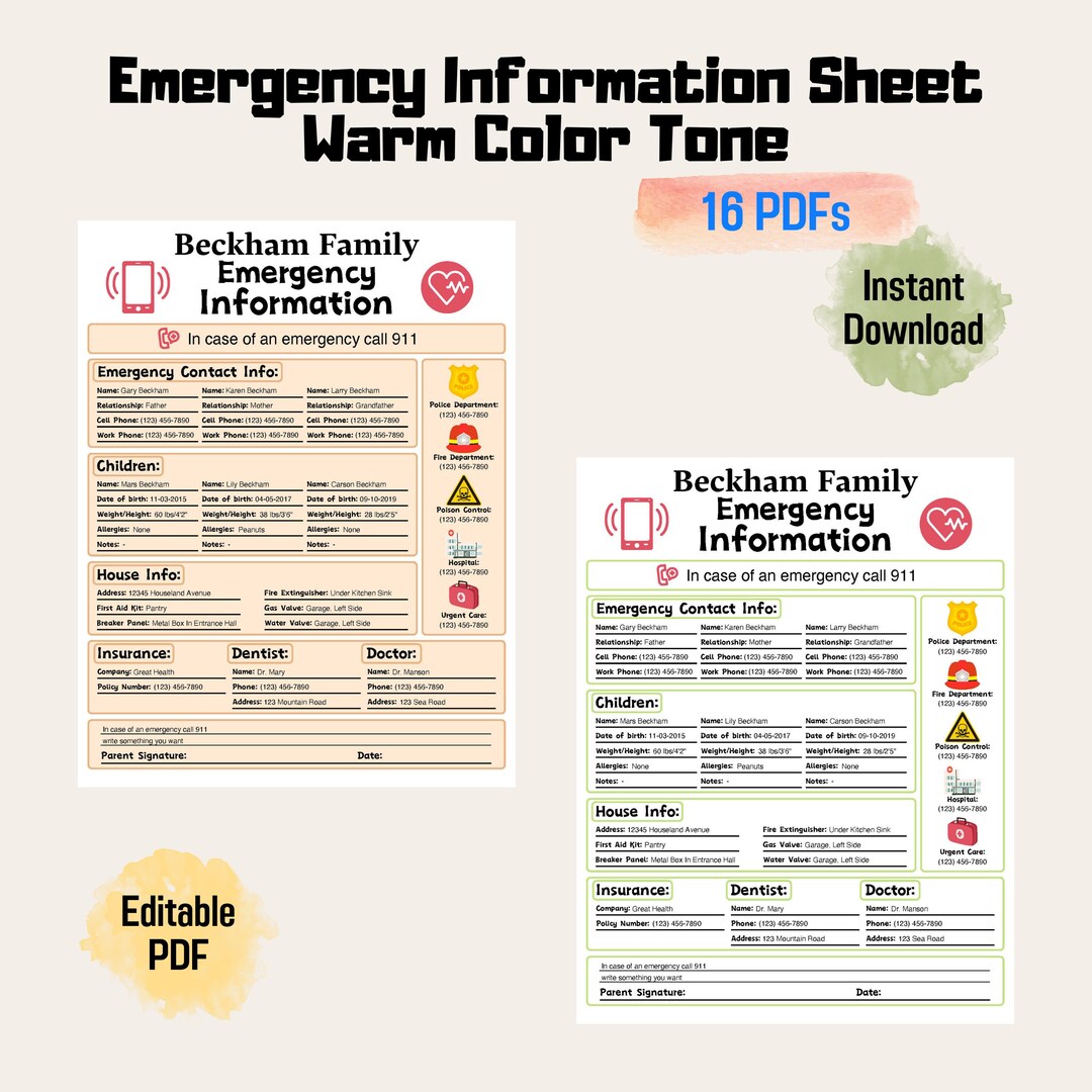 Printable Emergency Information Sheet Warm Color Tone Emergency Contact ...