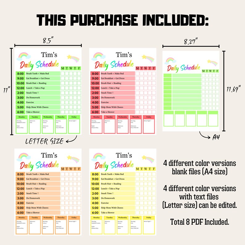 Editable Kids Daily Schedule Warm Color Tone Kids Responsibility ...