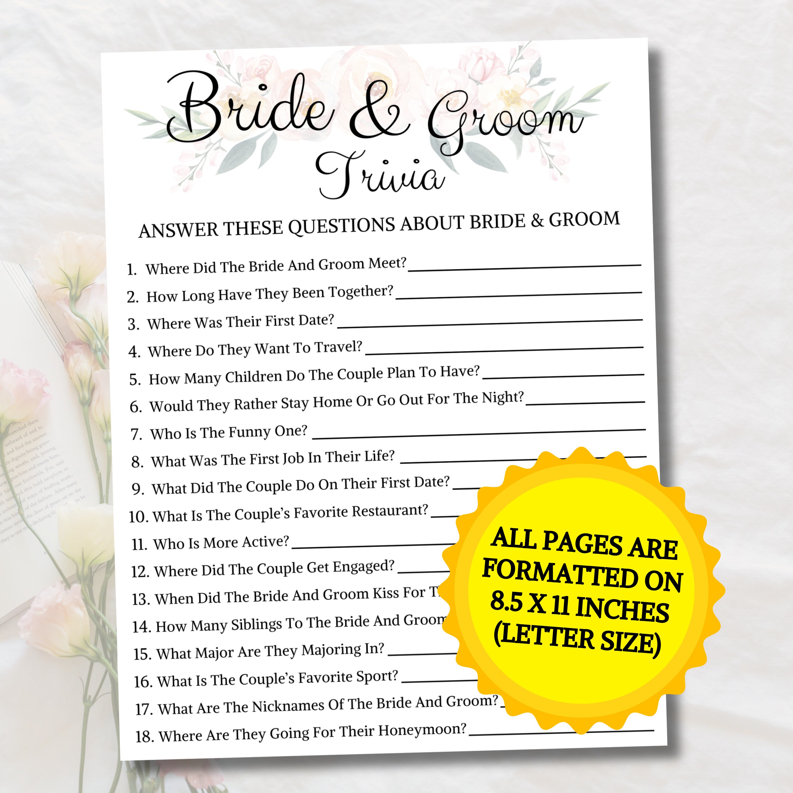 Bride And Groom Trivia Game Printable Wedding Shower Game Bridal Shower