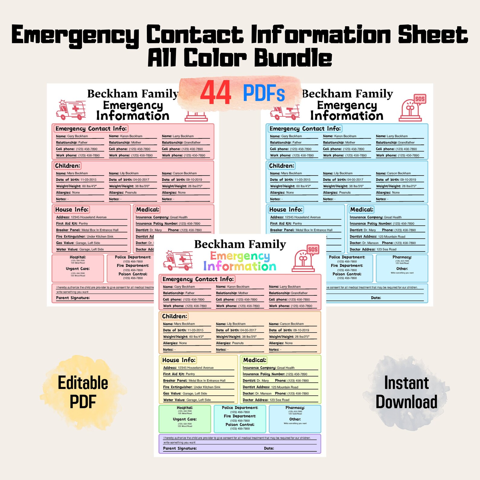 Emergency Contact Information Sheet All Color Bundle Babysitter Info ...