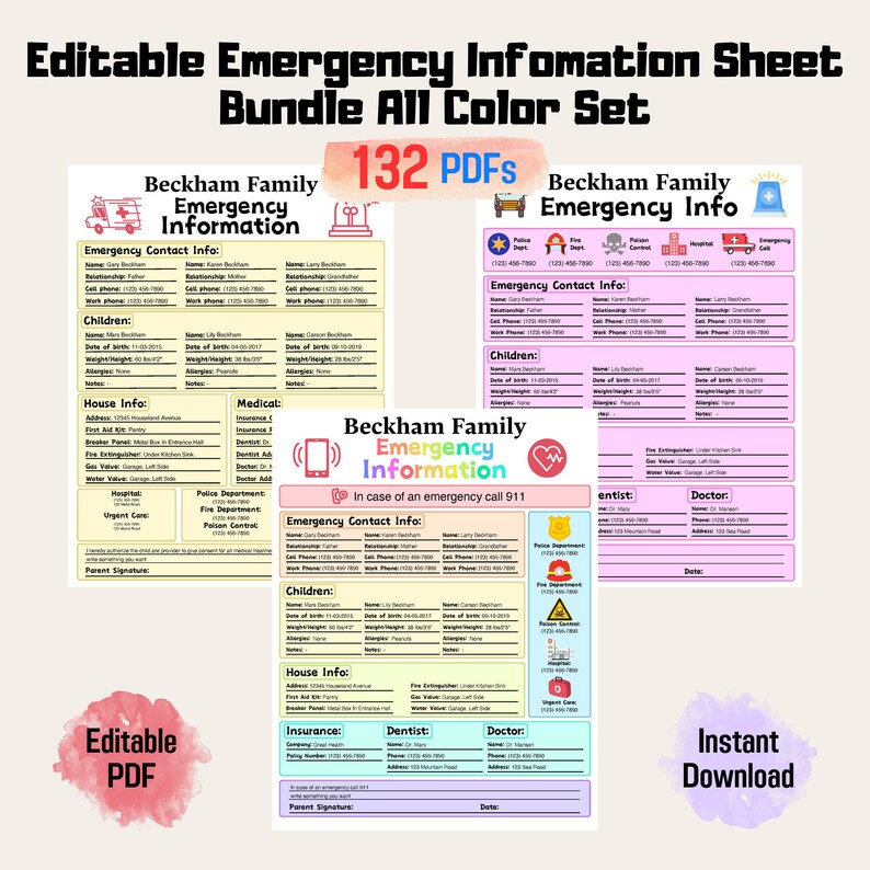 Editable Emergency Information Sheet Bundle All Color Set in Case of ...