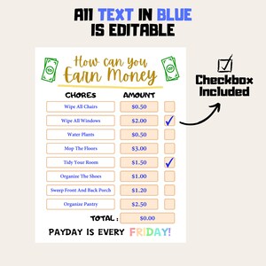 Printable How to Earn Money Chore Chart for Kids Warm Color Tone ...
