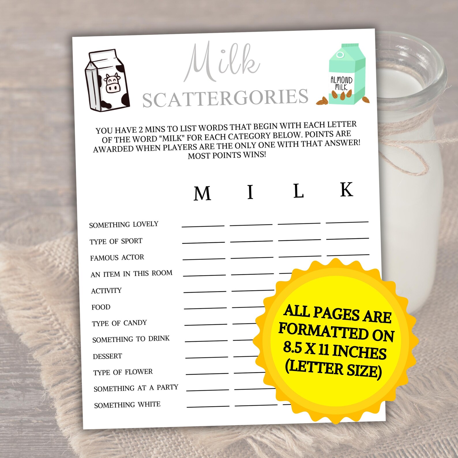 Milk Scattergories Game | Minimalist Milk Think Fast Game | Milk ...
