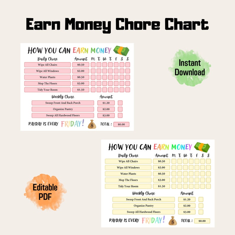 Personalized Kids Chore Chart for Earning Money Warm Color - Etsy