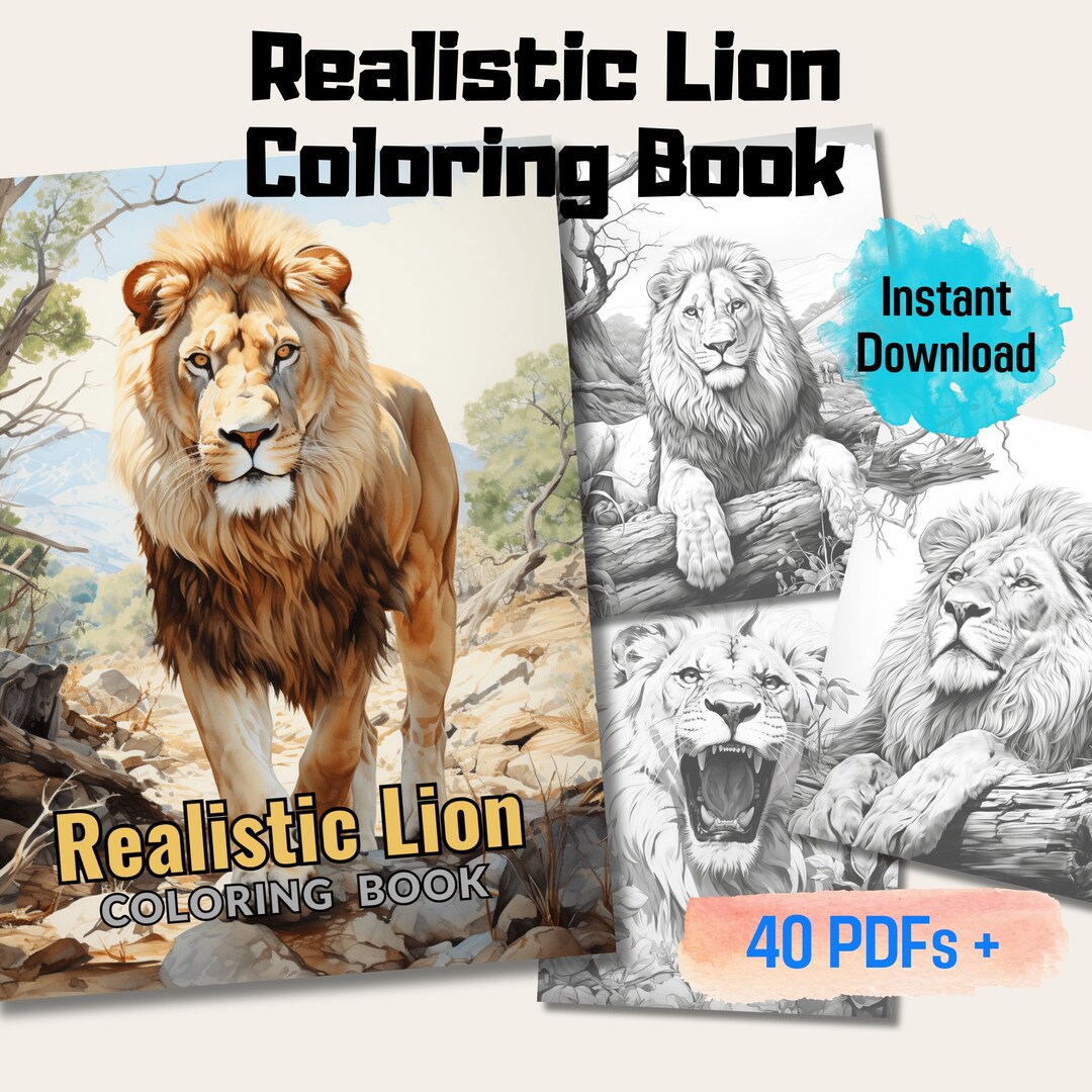 20 Pages Realistic Lion Grayscale Coloring Book, Coloring Pages for All ...