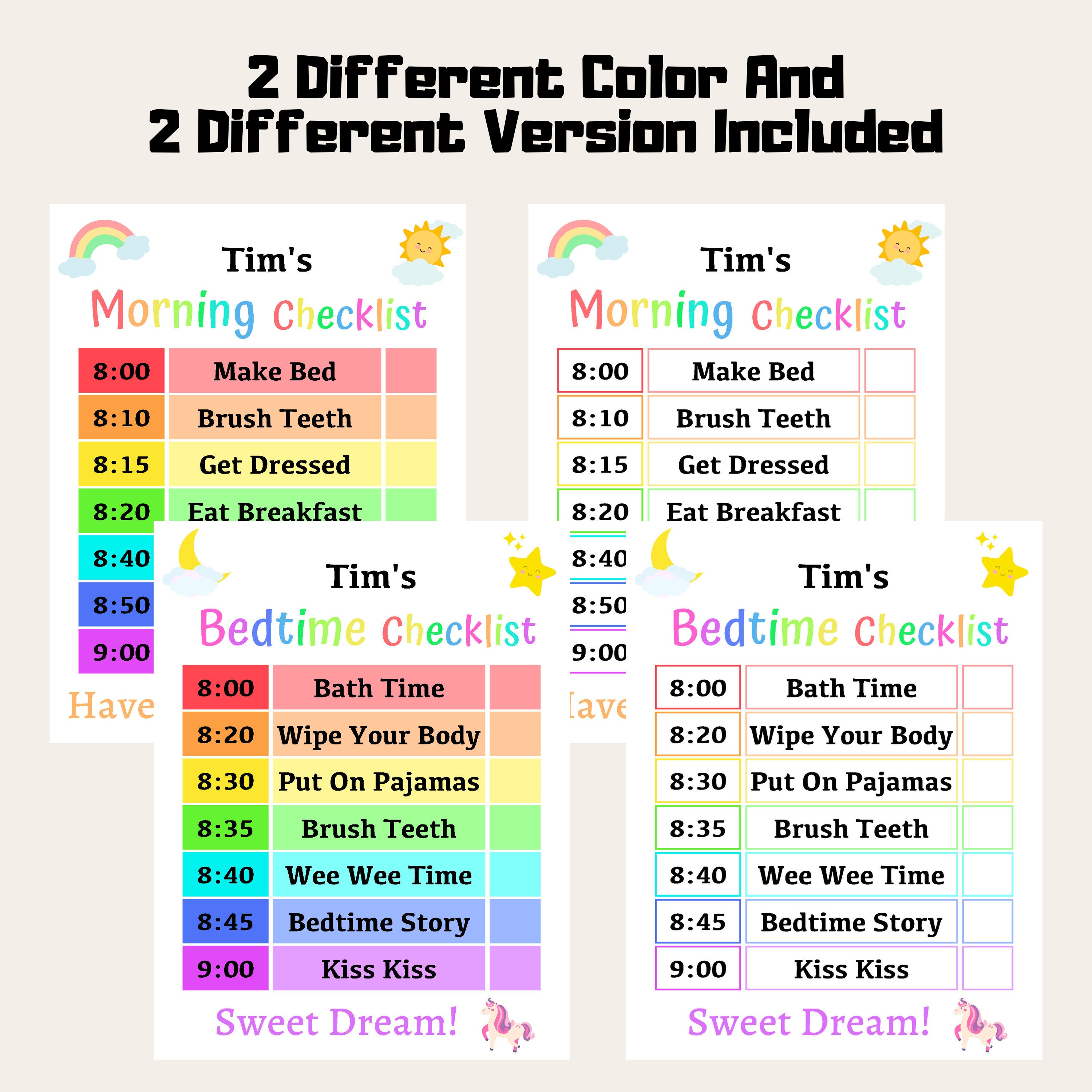 Editable Kids Morning and Bedtime Checklist Rainbow Color Cute ...