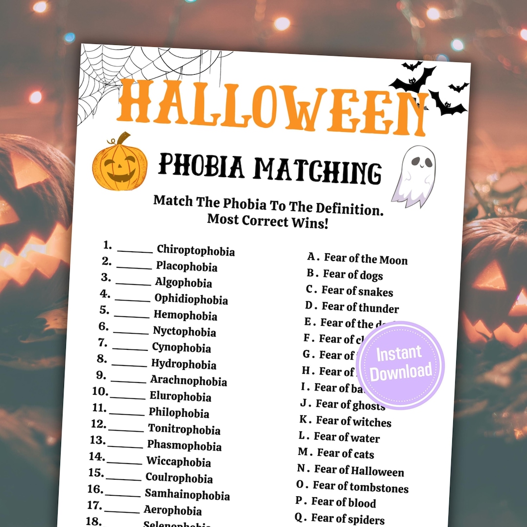 Halloween Phobia Matching Game | Spooky Halloween Trivia | Printable ...