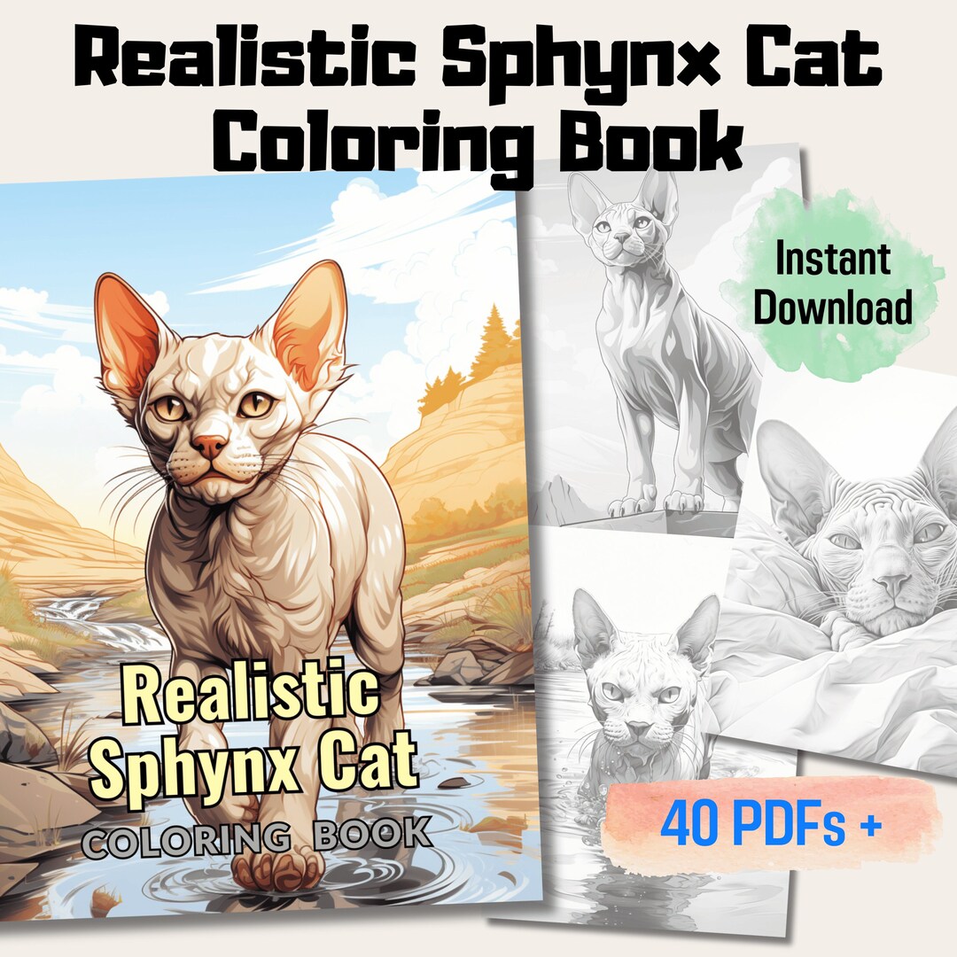 Realistic Sphynx Cat Coloring Book, 20 Sphynx Cat Grayscale Coloring ...
