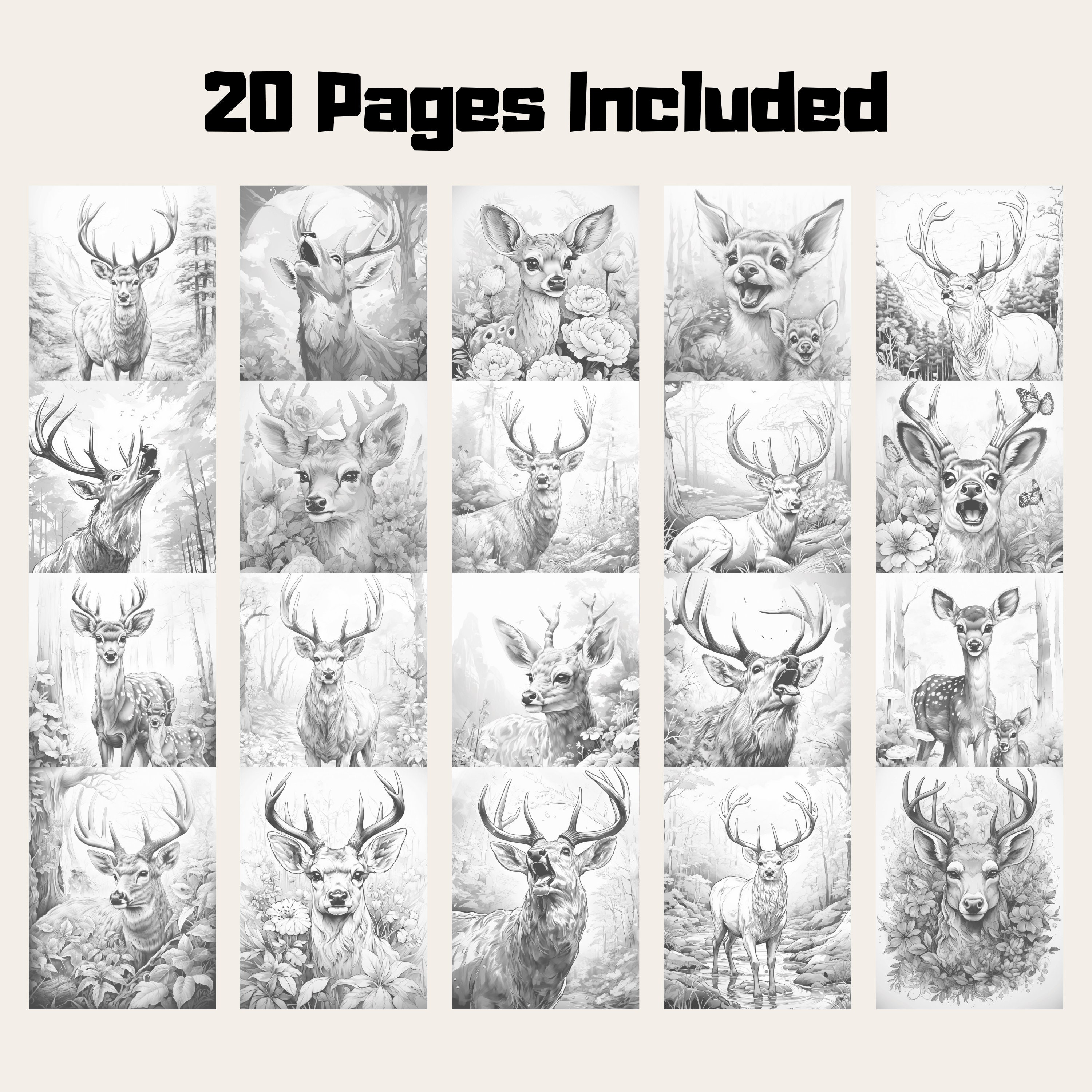20 Realistic Deer Grayscale Coloring Book, 20 Pages of Detail Wildlife ...