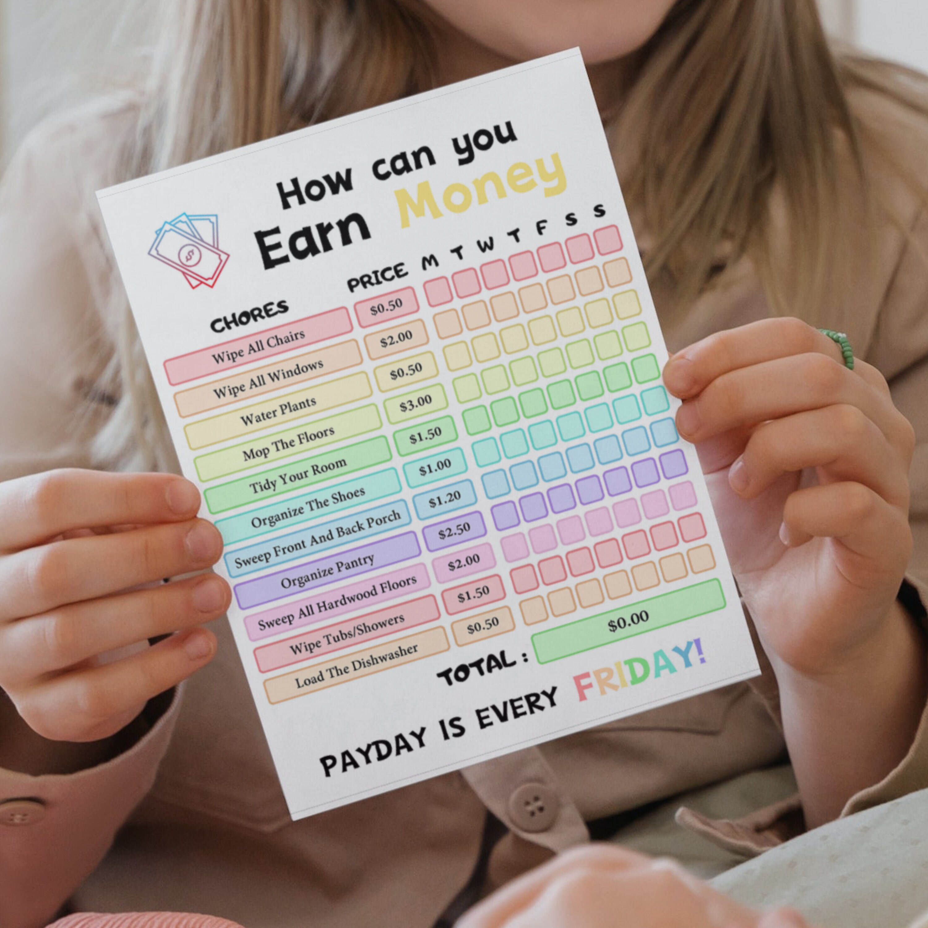 Editable Kids Chore Chart Rainbow Color Earn Money System Printable ...