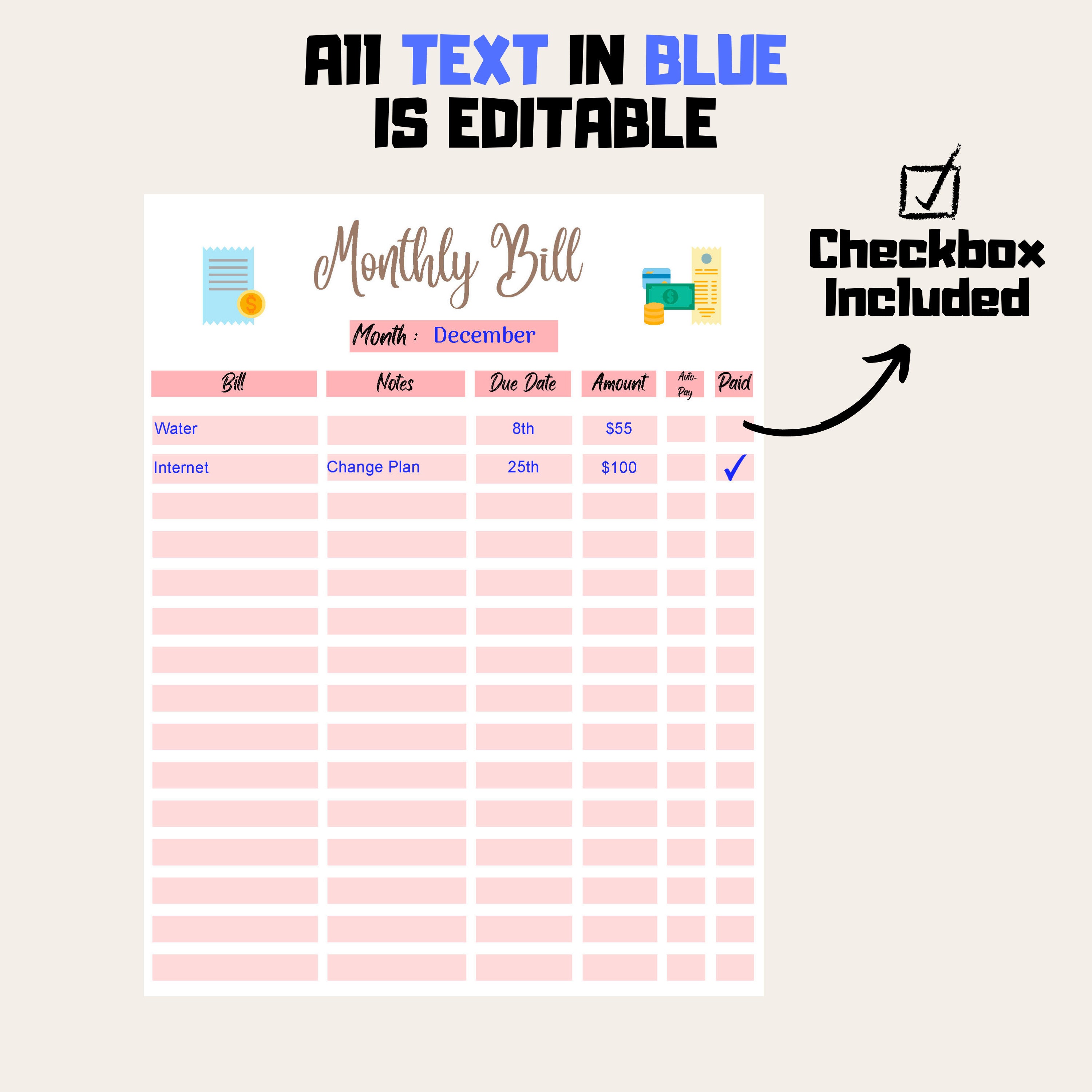 Editable Monthly Bill Payment Tracker Warm Color Tone Monthly Bill Log ...