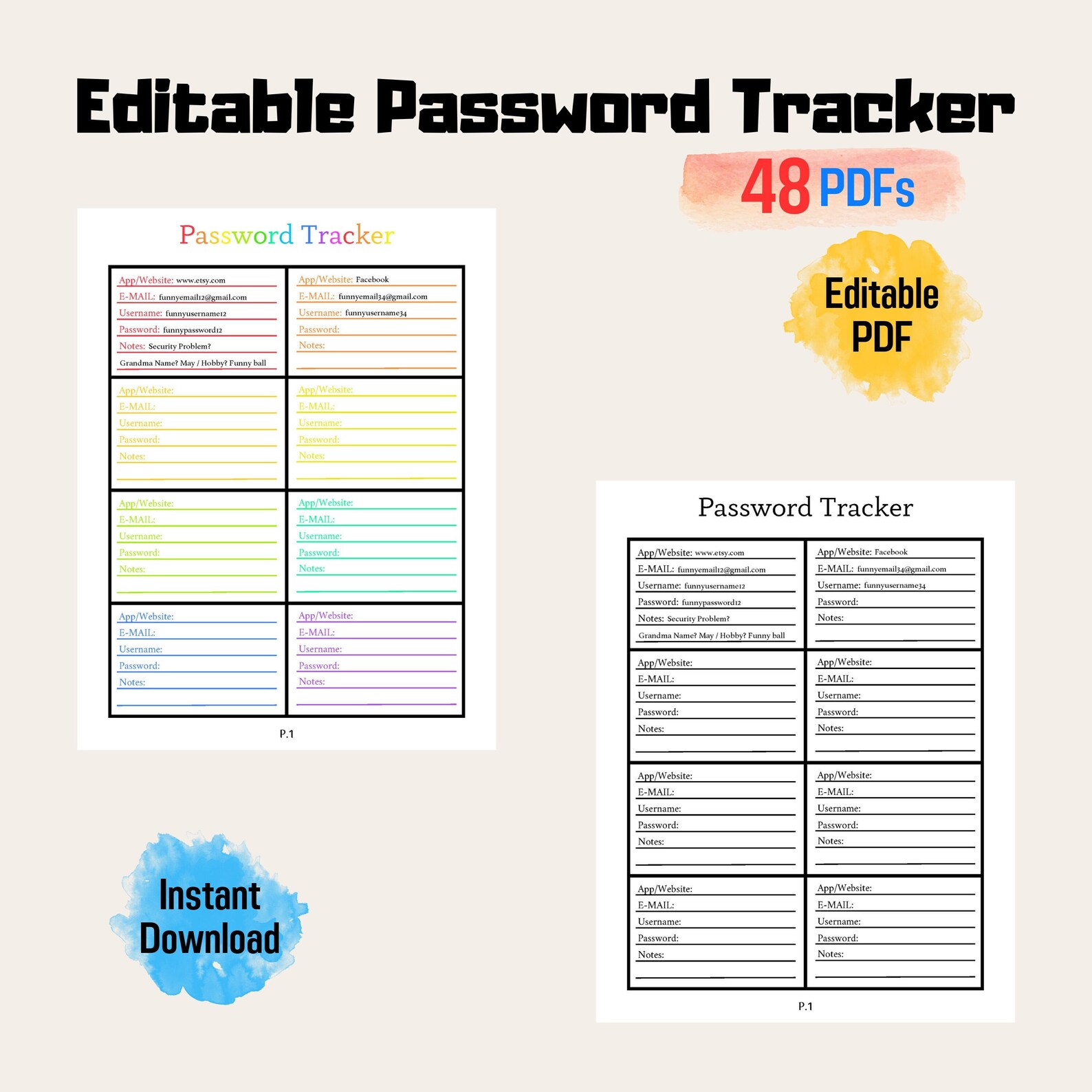 Editable Password Tracker Printable Rainbow Color Password Book ...
