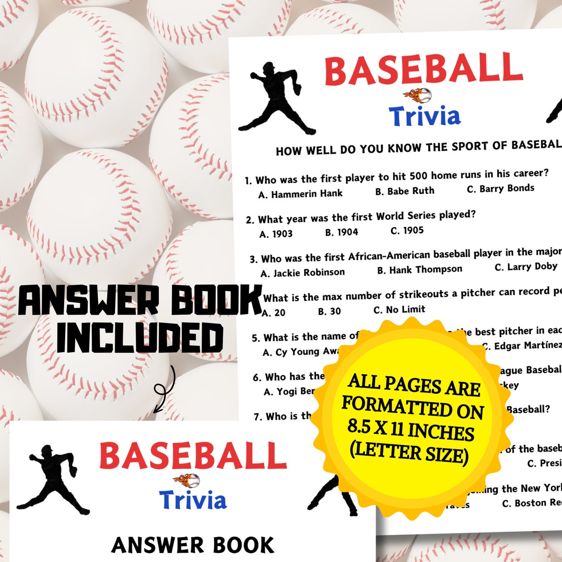 Baseball Trivia Game MLB Trivia Game for Kids & Adults Printable ...