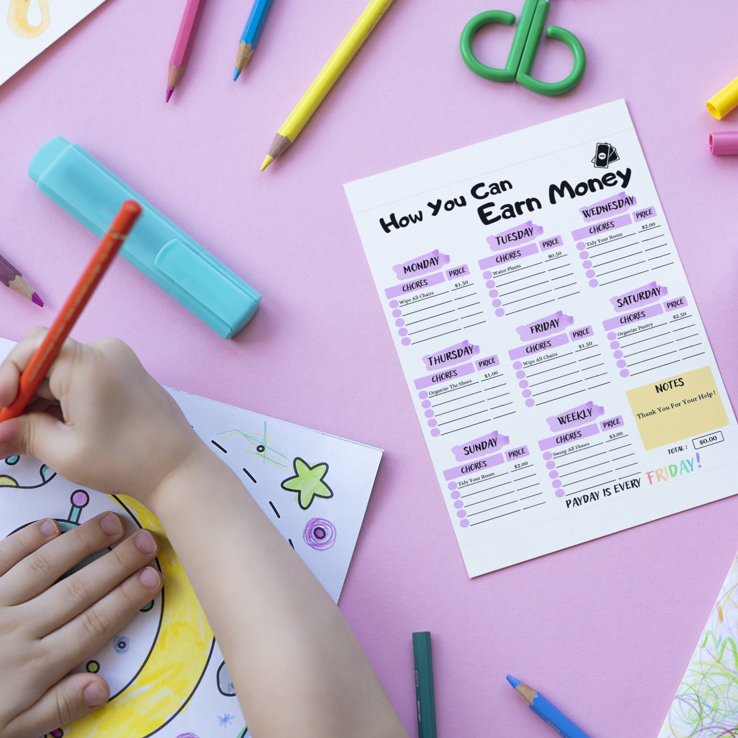 Editable Kids Chore Chart for Money Cool Color Tone, INSTANT Download ...