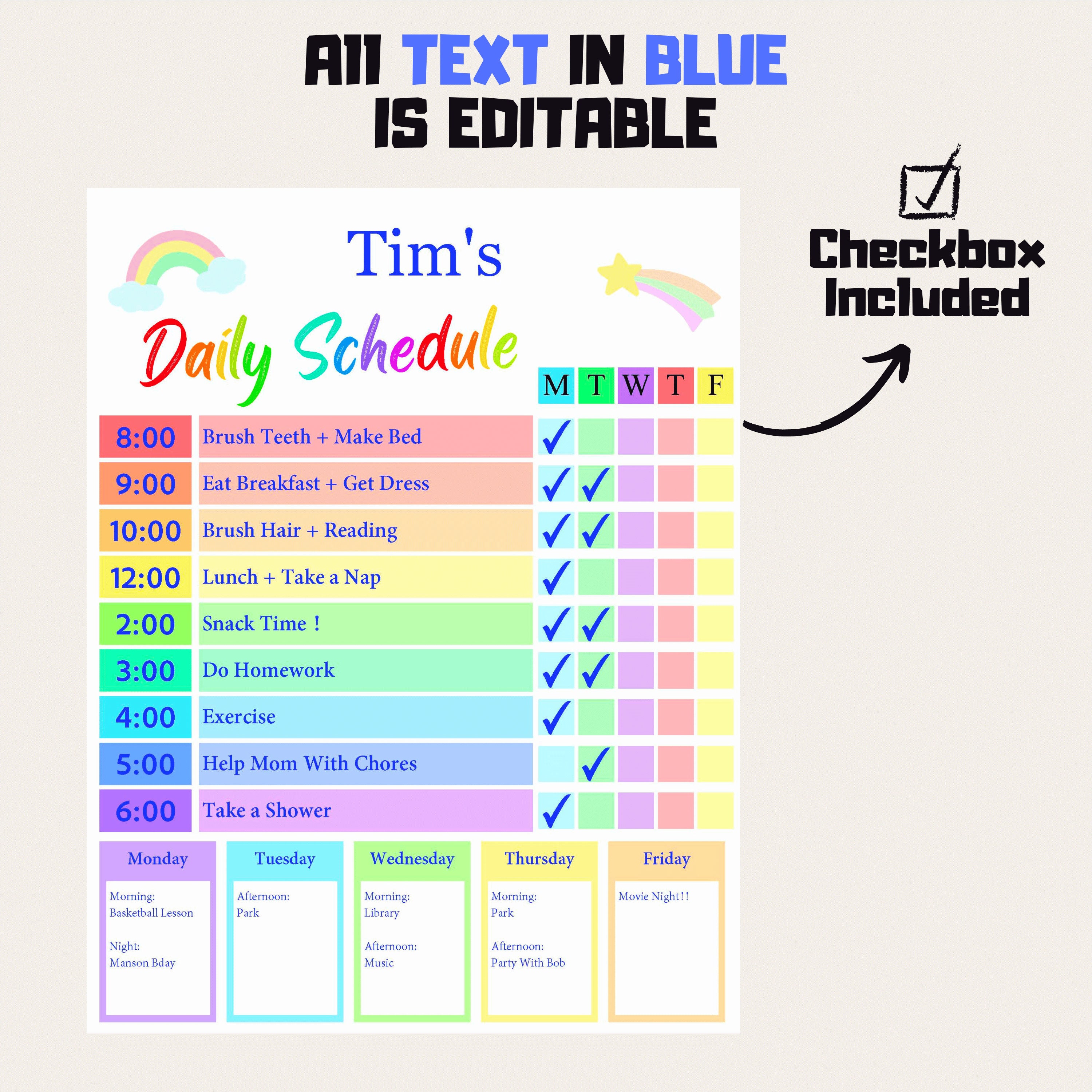 Kids Daily Schedule Rainbow Color | Organize Child's Daily Routine ...