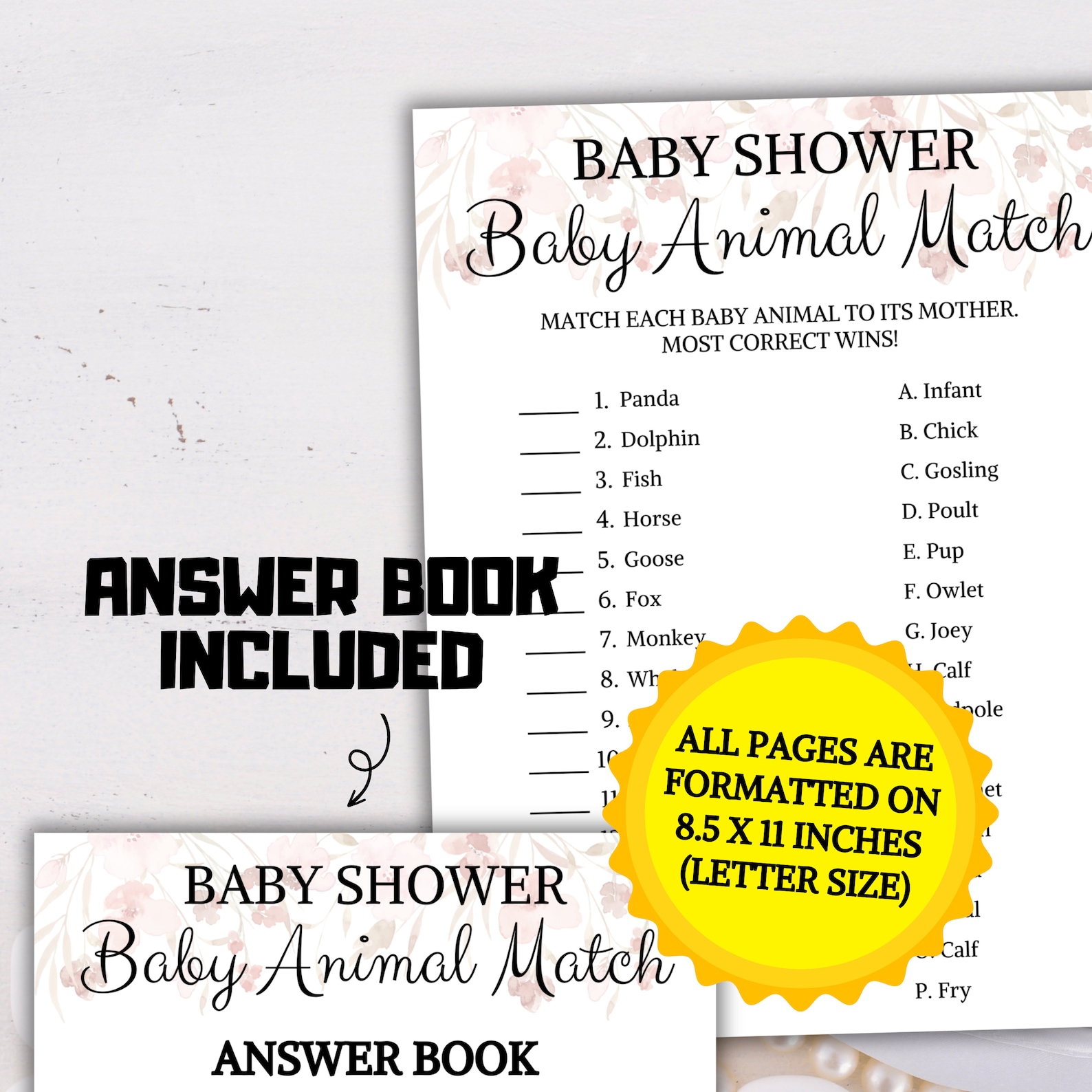 Baby Shower Baby Animal Matching Game | Minimalist Match the Baby ...
