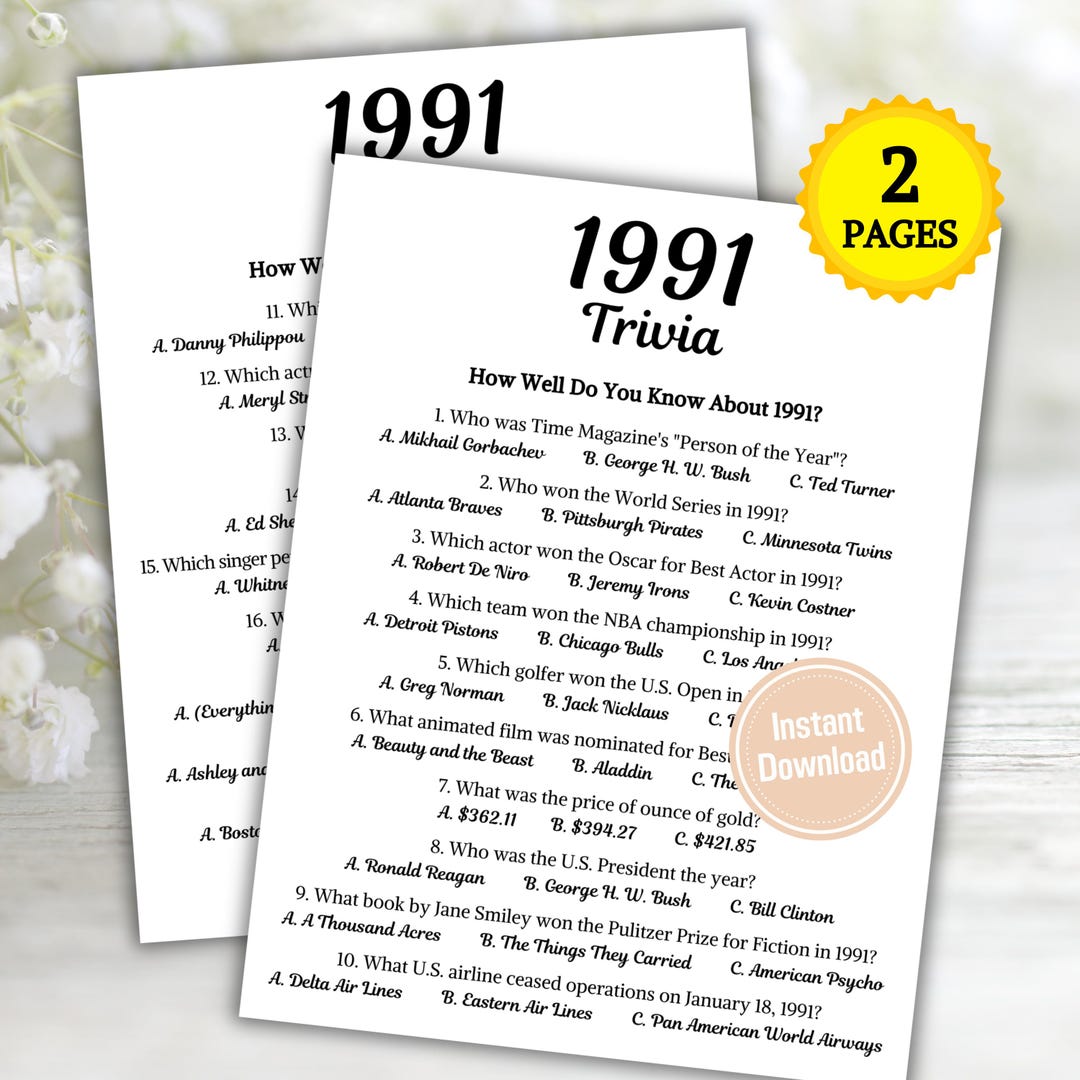 1991 Trivia Game | Printable 35th Birthday Party Game | Born in 1991 ...