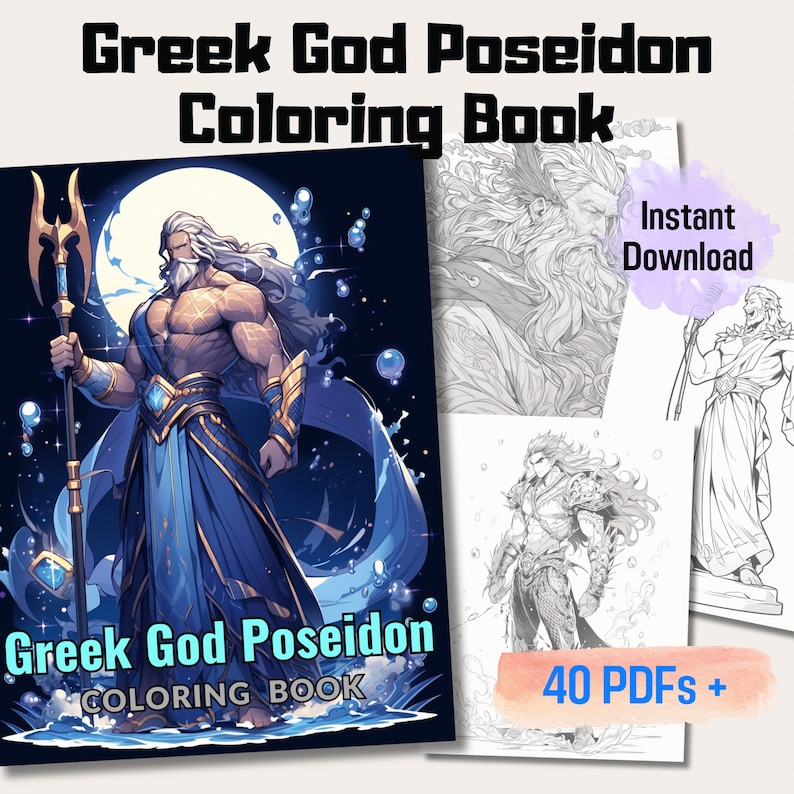 20 Pages Greek God Poseidon Grayscale Coloring Book, Adults and Kids ...