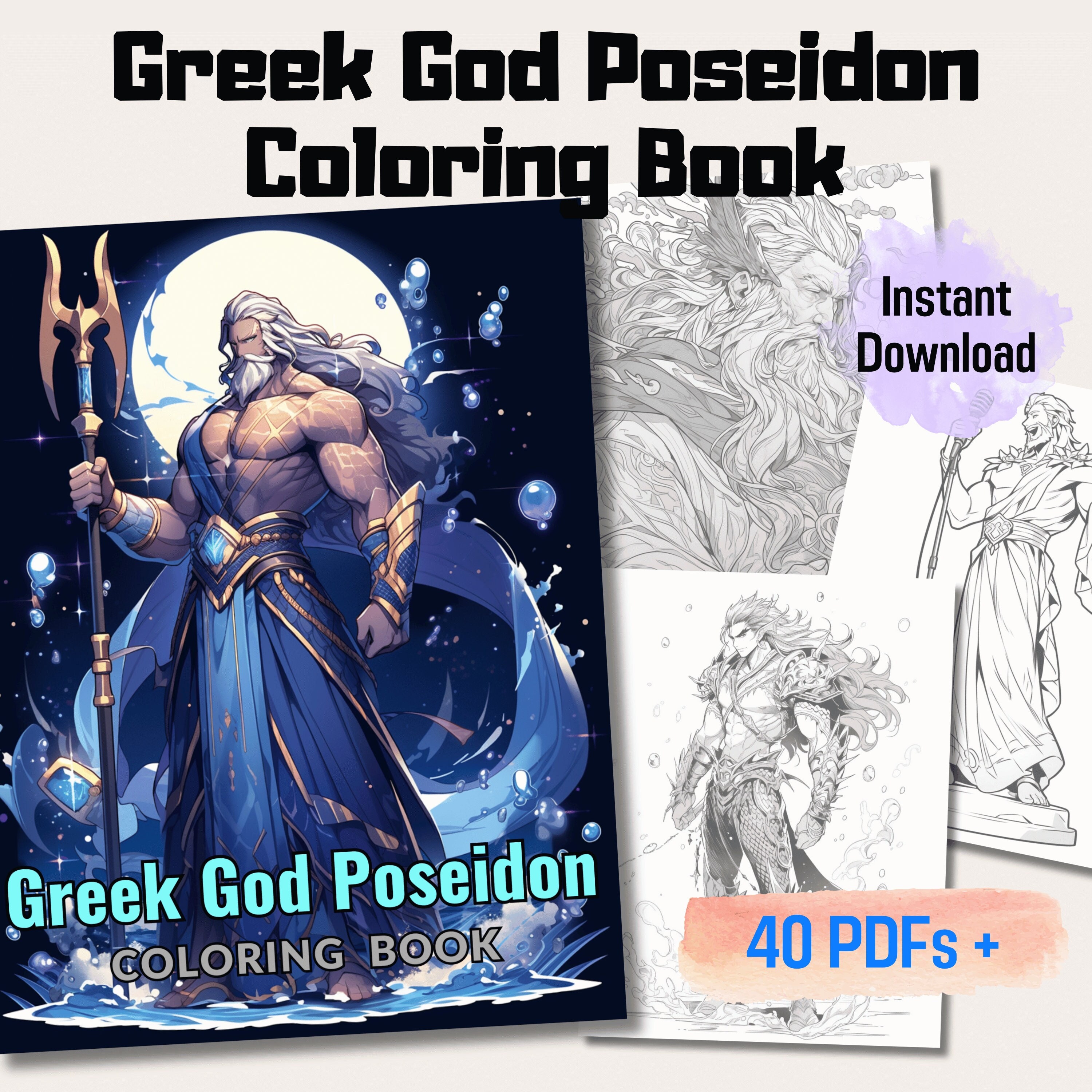 20 Pages Greek God Poseidon Grayscale Coloring Book, Adults and Kids ...