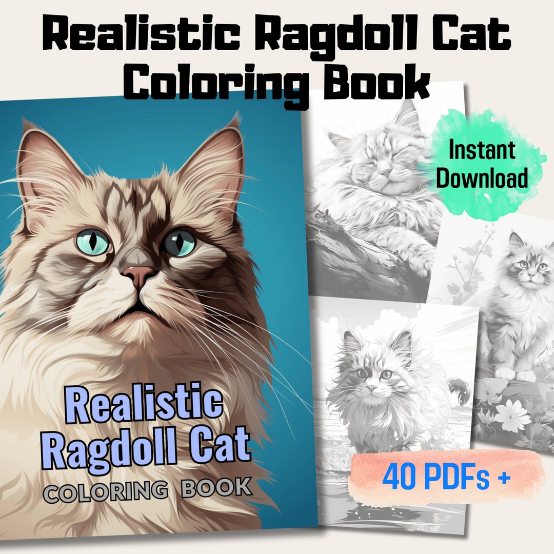 Realistic Ragdoll Cat Coloring Book, 20 Ragdoll Cat Grayscale Coloring ...