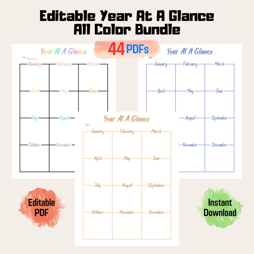Editable Year at A Glance - All Color Bundle, 2023 2024 Calendar Bundle ...