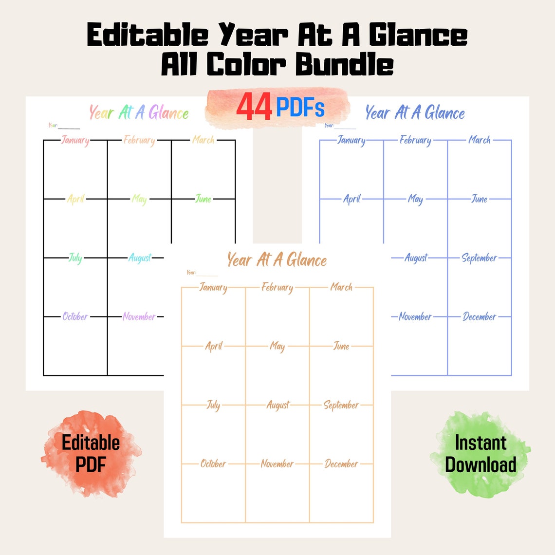 Editable Year at A Glance All Color Bundle, 2023 2024 Calendar Bundle ...