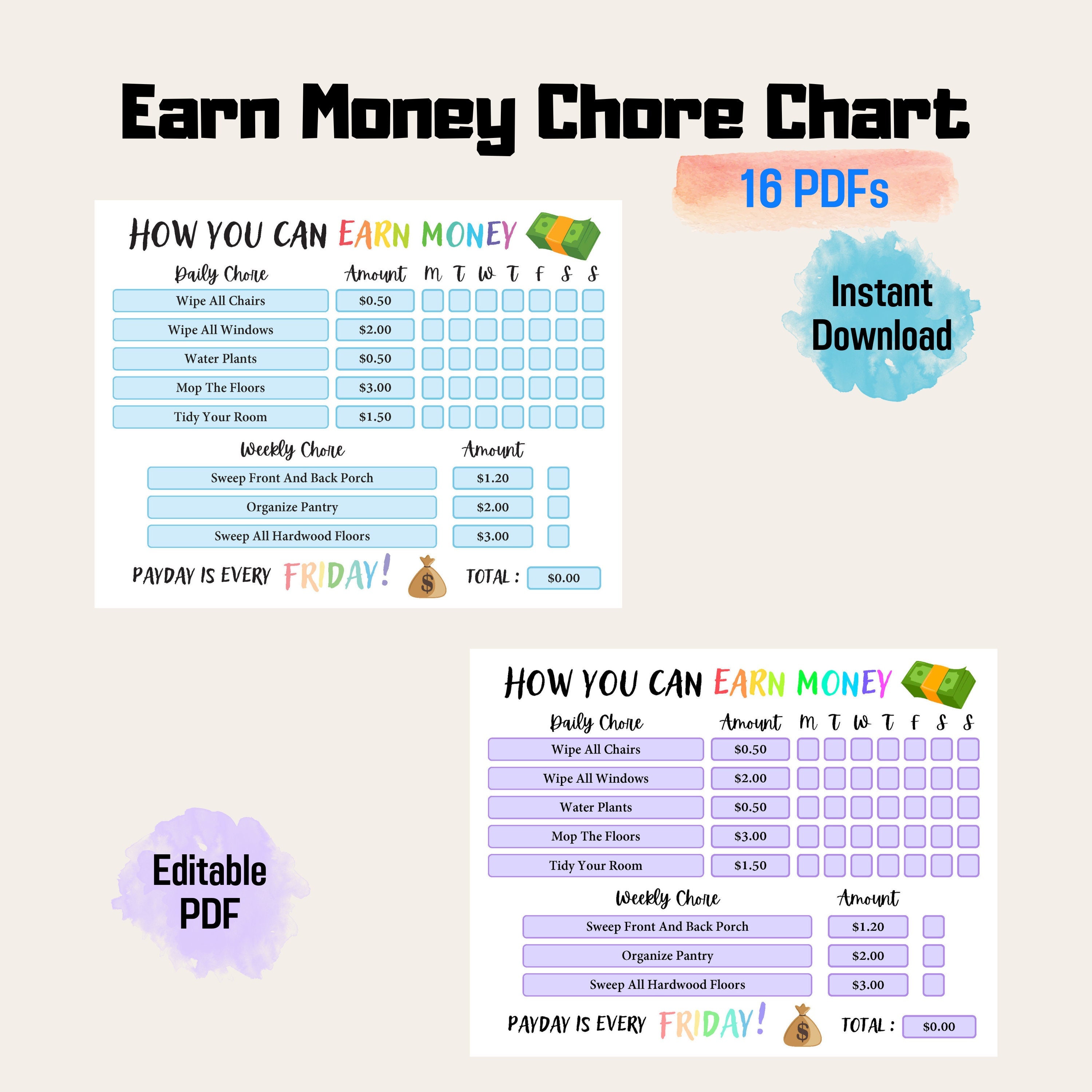 Editable Kids Chore Chart for Earning Money Cool Color Tone Editable ...