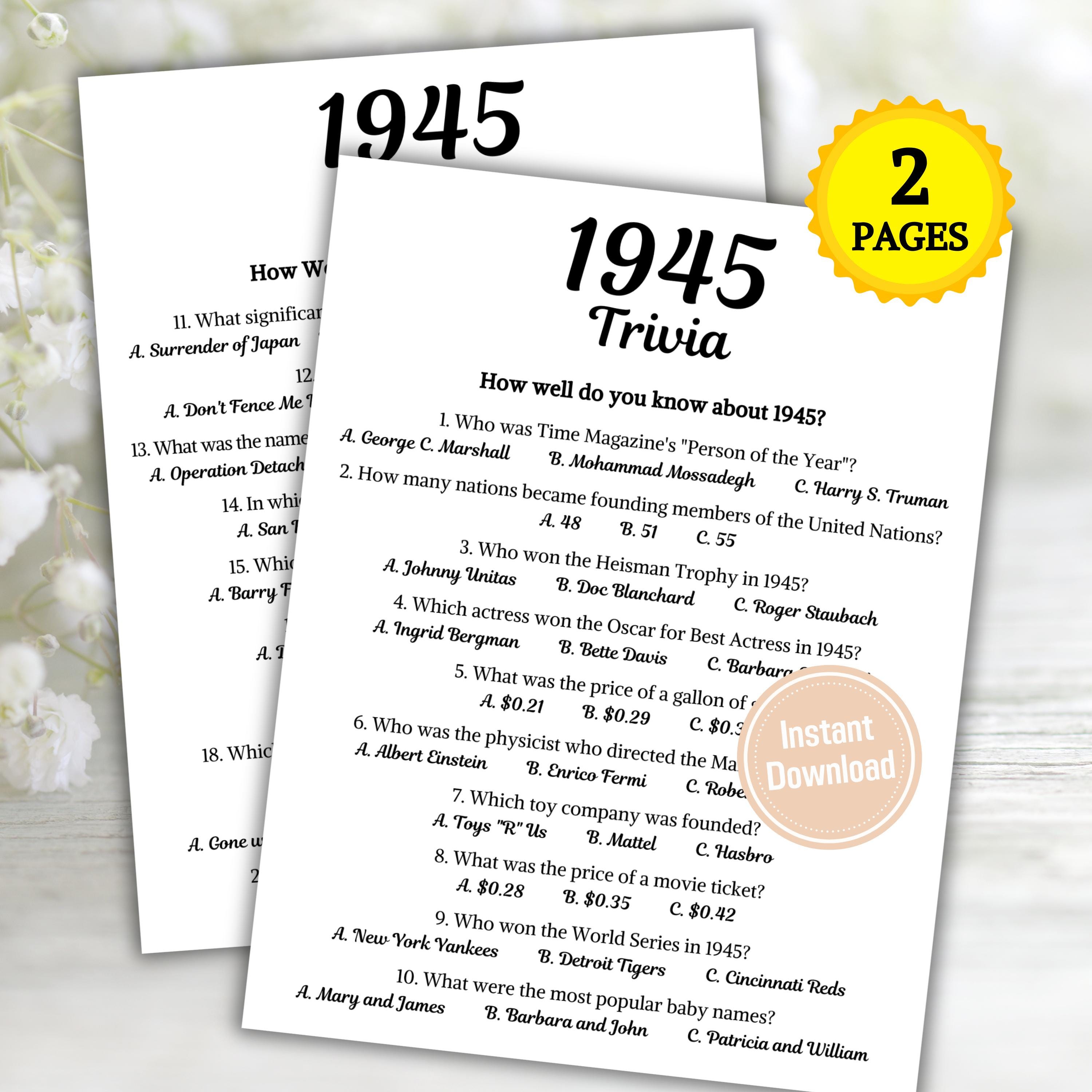 1945 Trivia Game | Printable 80th Birthday Party Game | Born in 1945 ...